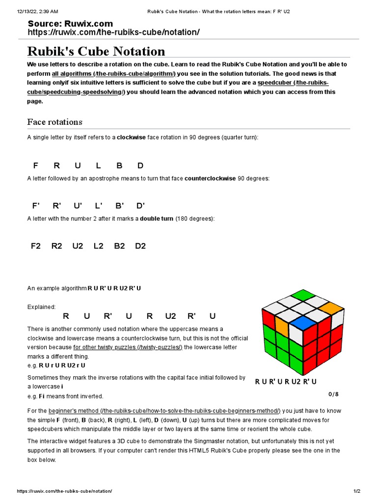Rubik's Cube Notation - What the rotation letters mean_ F R' U2 | PDF ...