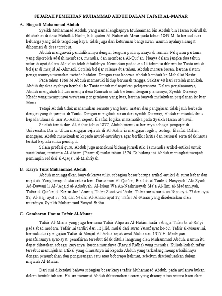 Sejarah Pemikiran Muhammad Abduh Dalam Tafsir Al Manar | PDF