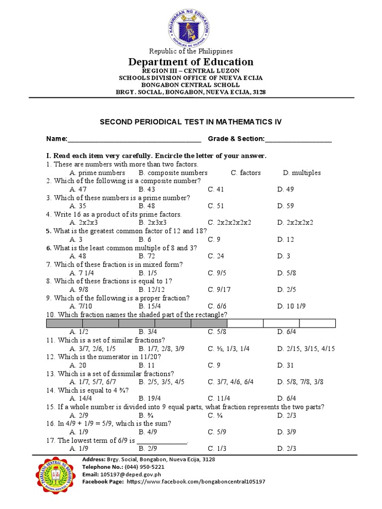 2nd PT MATHEMATICS 4 | PDF | Mathematical Concepts | Mathematical Notation