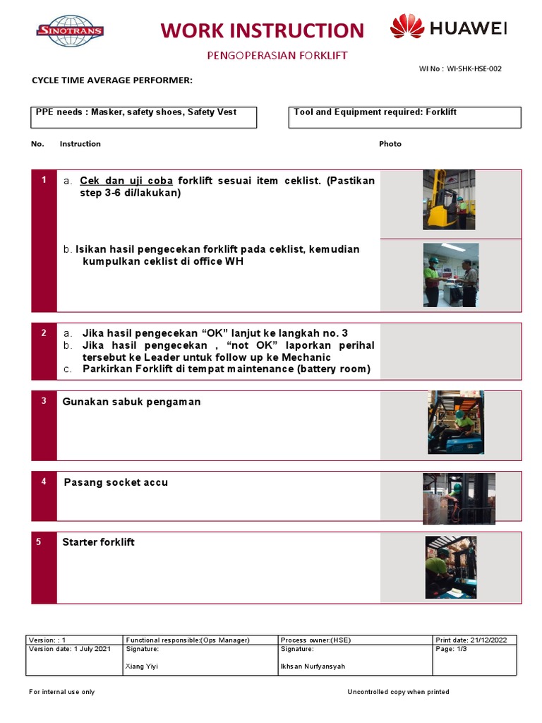 WI Pengoperasian Forklift - Hse 003 | PDF