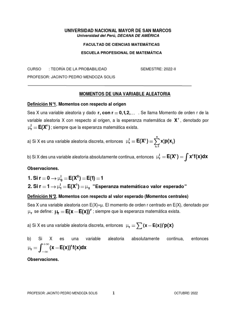Clase5 Momentos Esperanza Matematica FCM 2022 II | PDF | Valor esperado | Variable aleatoria
