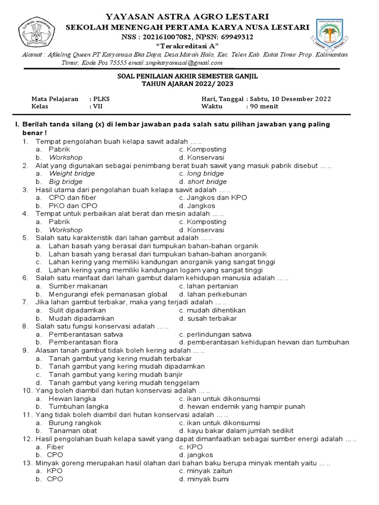 Soal PLKS Kelas 7 Pas Ganjil Ta 2022-2023 | PDF