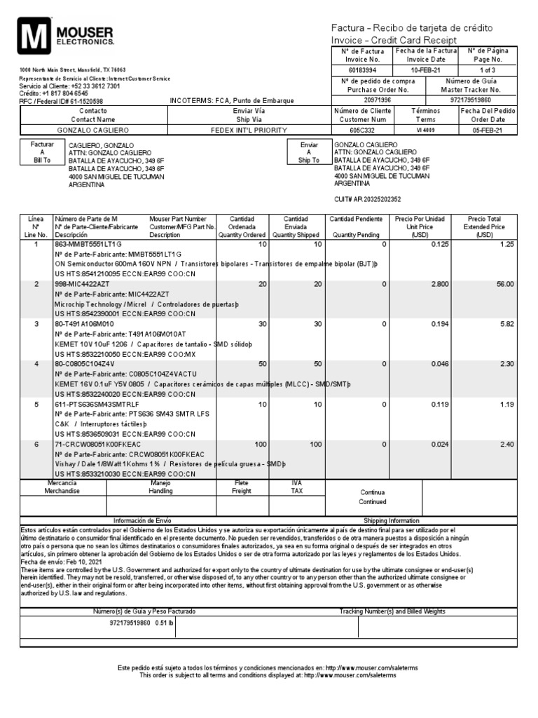 MOUSER Receipt 60183994 | PDF | Ingeniería Electrónica | Cantidades fisicas