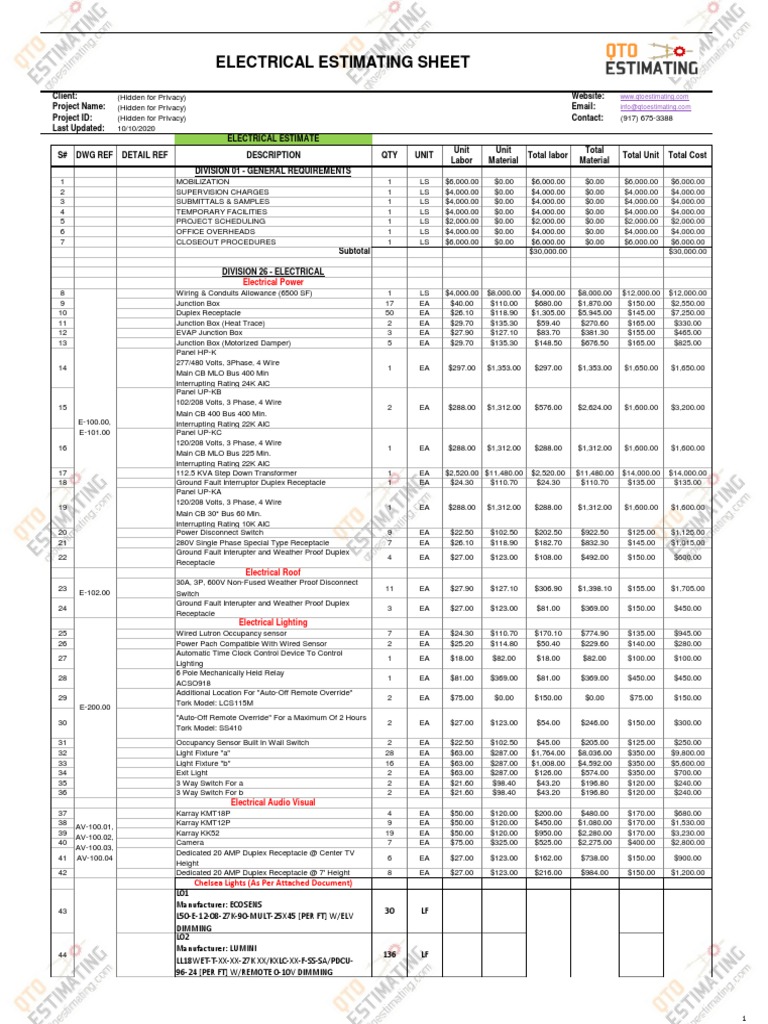 Clinton Hall Electrical Estimate | PDF | Electrical Wiring | Building ...