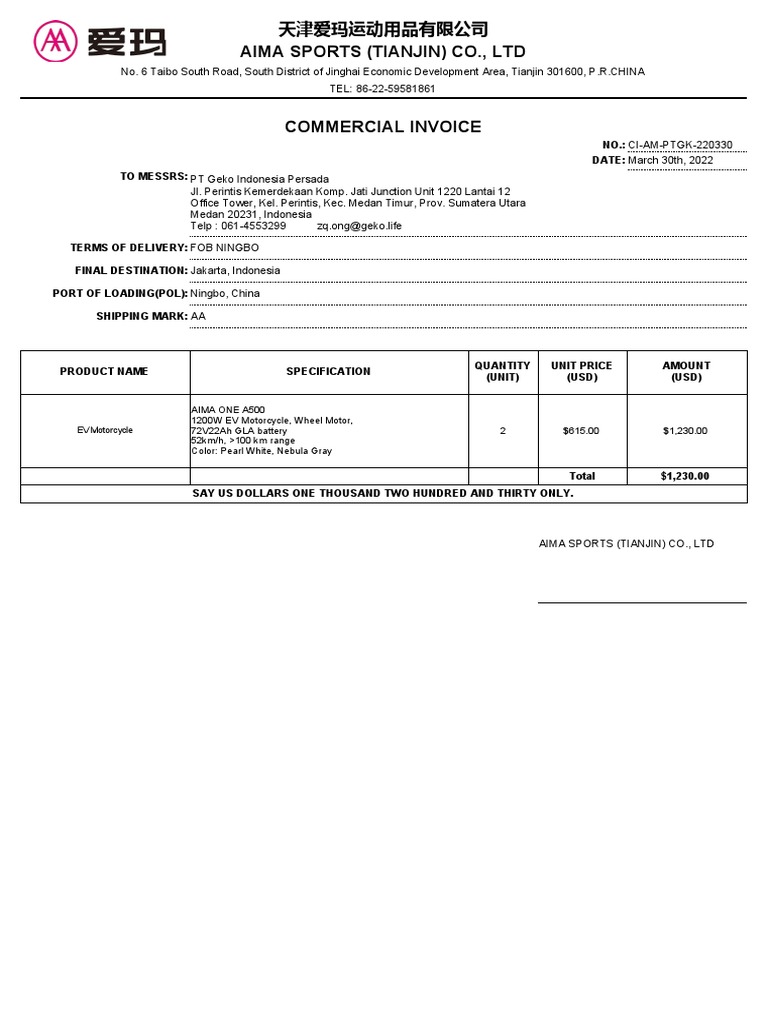 CI & PL 220330 Draft | PDF | Vehicles | Transport