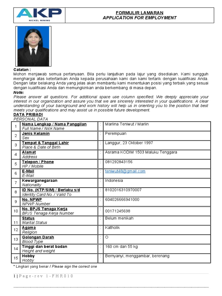 10-Form Lamaran Kerja - R1 | PDF