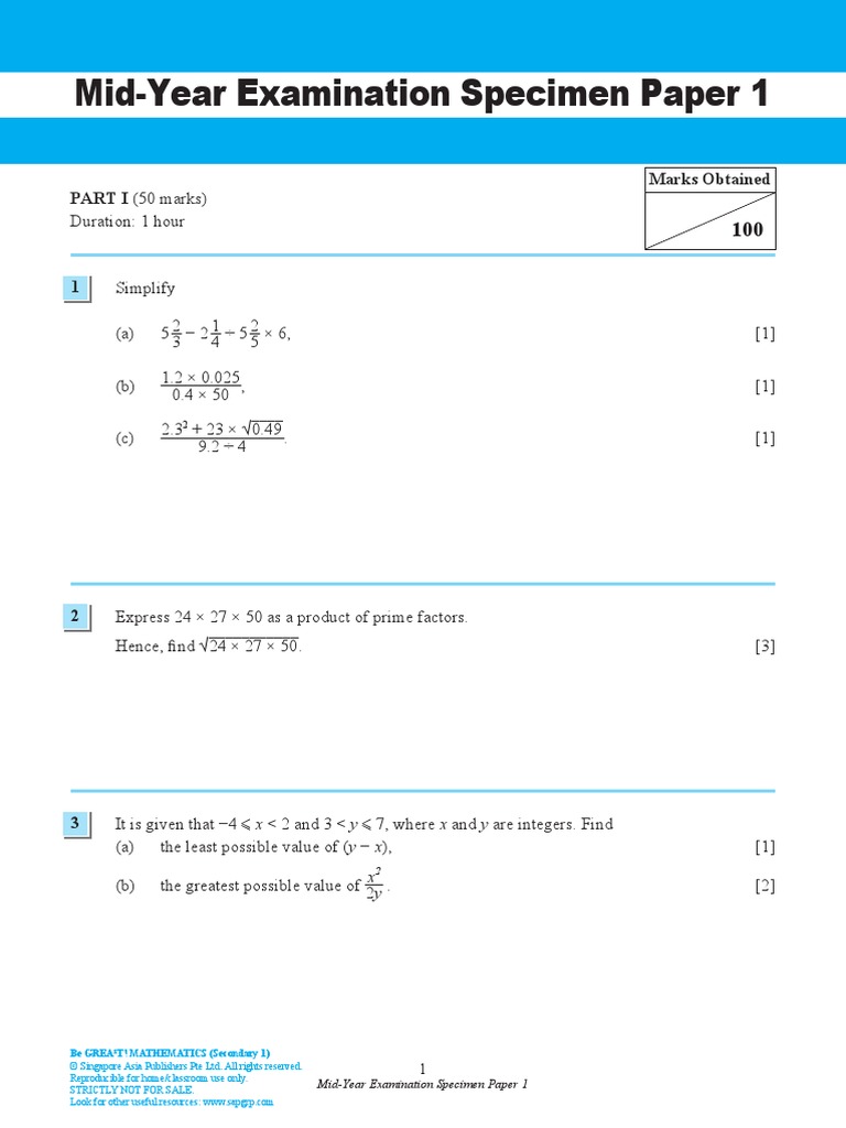 Mid-Year Examination Specimen Paper 1: PART I (50 Marks) Marks Obtained ...