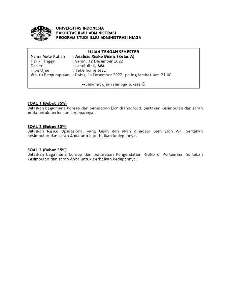 Soal UAS 2022 Analisis Risiko Bisnis - Kelas A | PDF