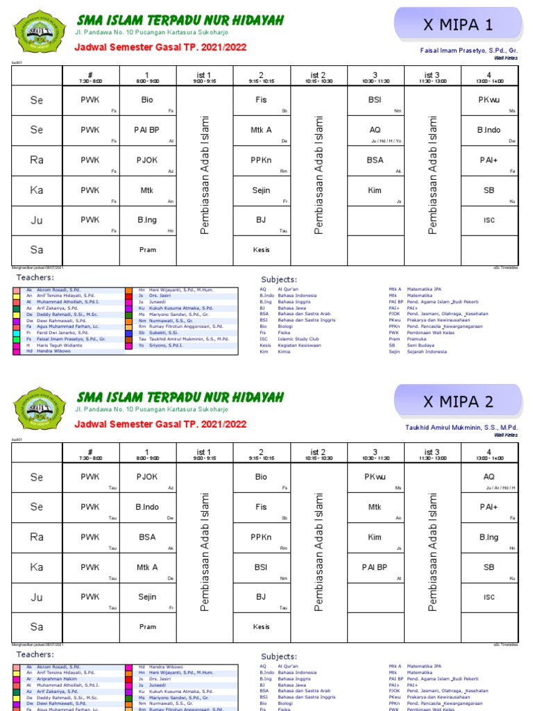 Rev2 Jadwal Per Kelas - KBM SMT 1 Tp. 2021-2022 | PDF