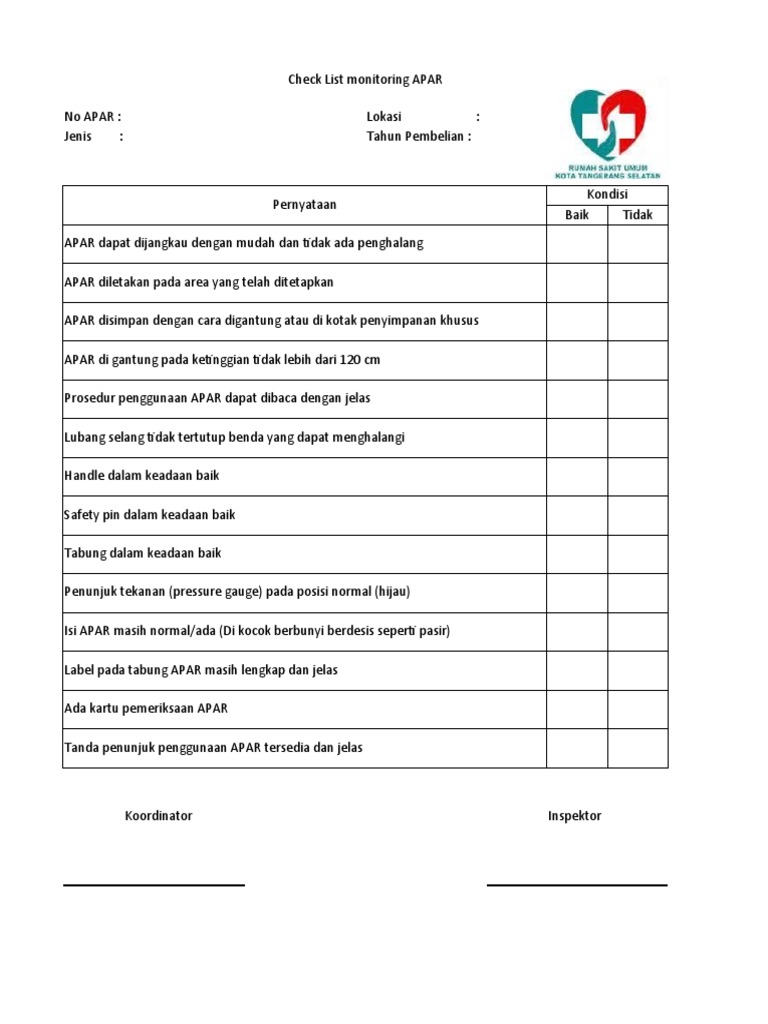 Checklist Pemantauan APAR Lengkap | PDF