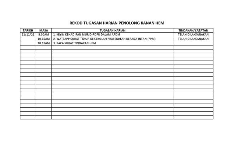 Rekod Tugasan Harian Penolong Kanan Hem | PDF