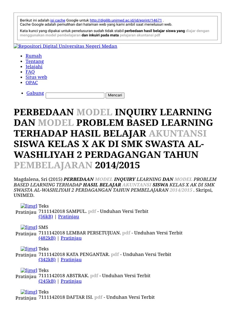 PERBEDAAN MODEL INQUIRY LEARNING DAN MODEL PROBLEM BASED LEARNING TERHADAP HASIL BELAJAR ...