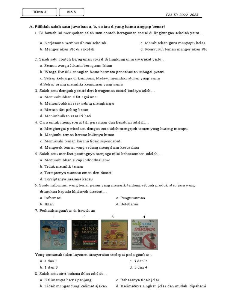 Naskah Soal Pas Kelas 5 Tema 3 Sdit Al Ihsan | PDF