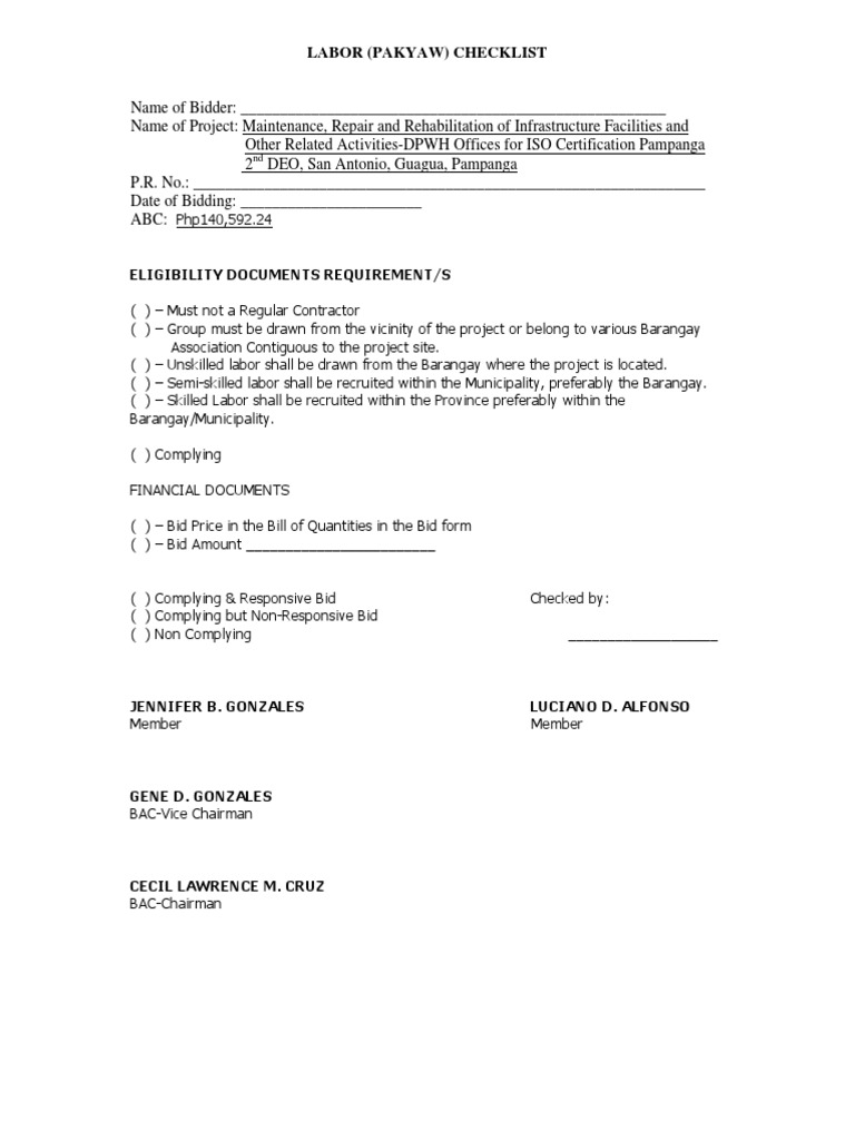 Sample Labor Pakyaw Checklist | PDF