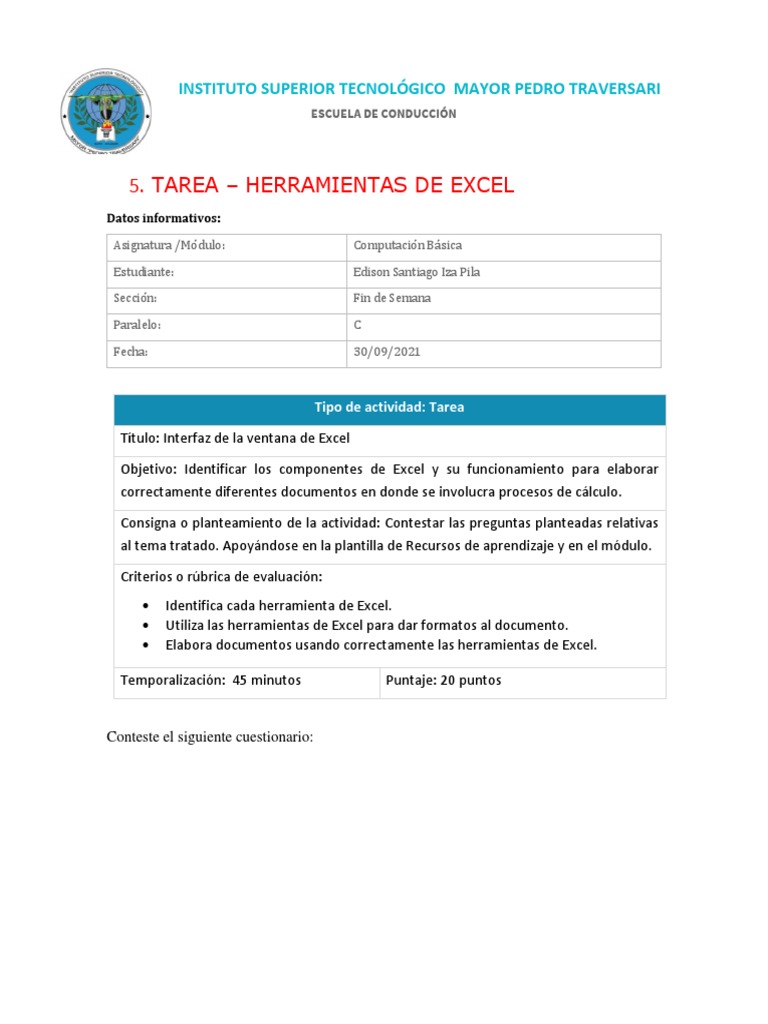 Tarea - Herramientas de Excel | PDF | Microsoft Excel | Hoja de cálculo
