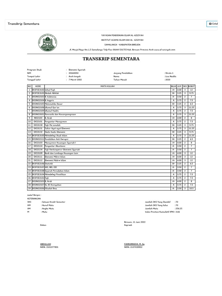 Transkrip Sementara | PDF