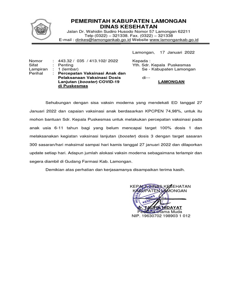 Surat Vaksin Booster Dosis 3 Ke Puskesmas | PDF