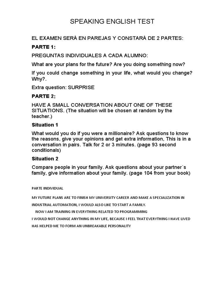 Speaking English Test | PDF