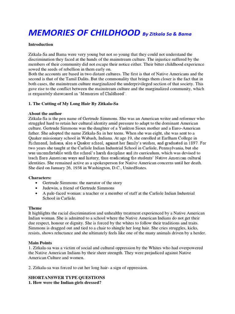 MEMORIES OF CHILDHOOD by Zitkala Sa | PDF