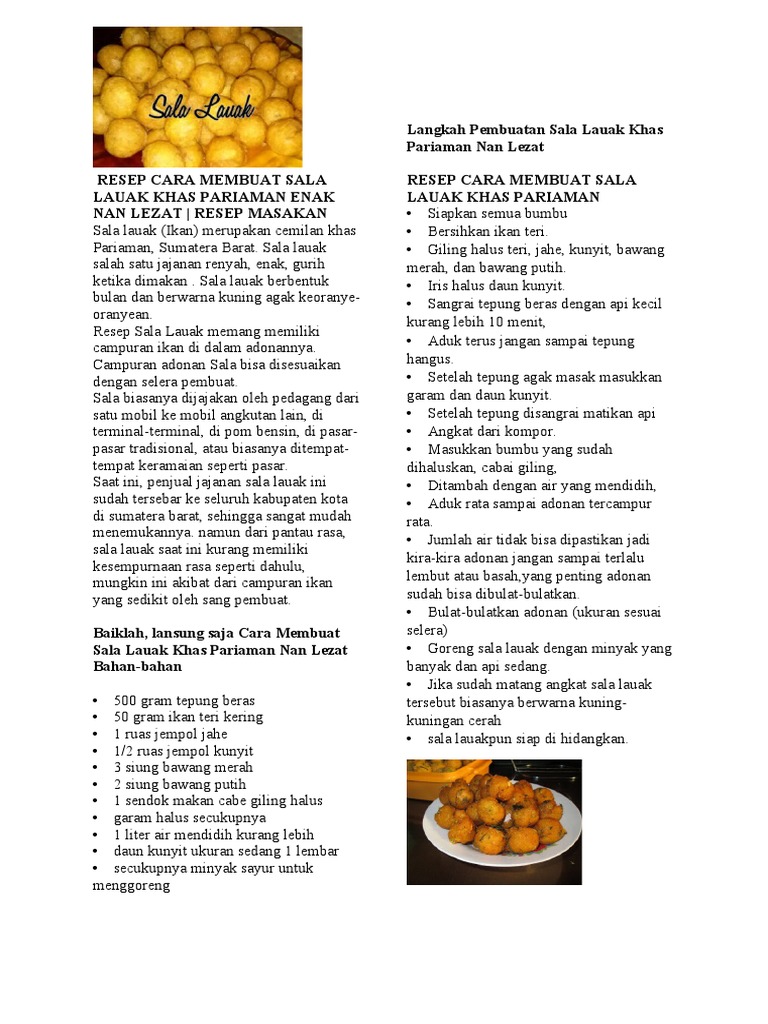 Resep Cara Membuat Sala Lauak Khas Pariaman Enak Nan Lezat | PDF