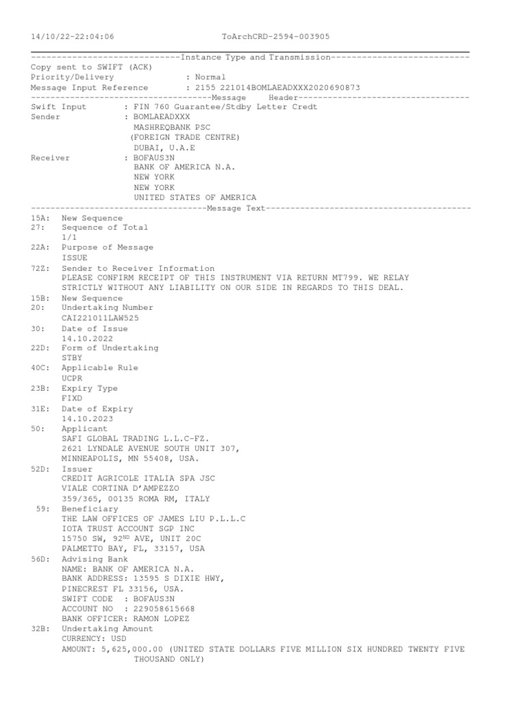 Transmitted Copy-sblc$5.625m-Cai221011law525 Ack | PDF | Letter Of Credit | Business