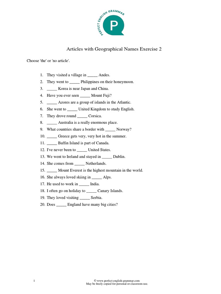 Articles With Geographical Names Exercise 2 | PDF