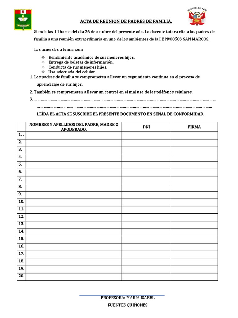 Acta Reunión Padres I.E. San Marcos | PDF