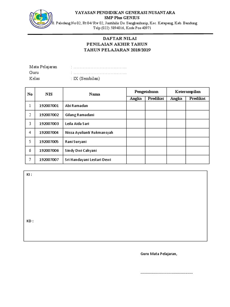 FORMAT NILAI Ujian Praktik SMP | PDF