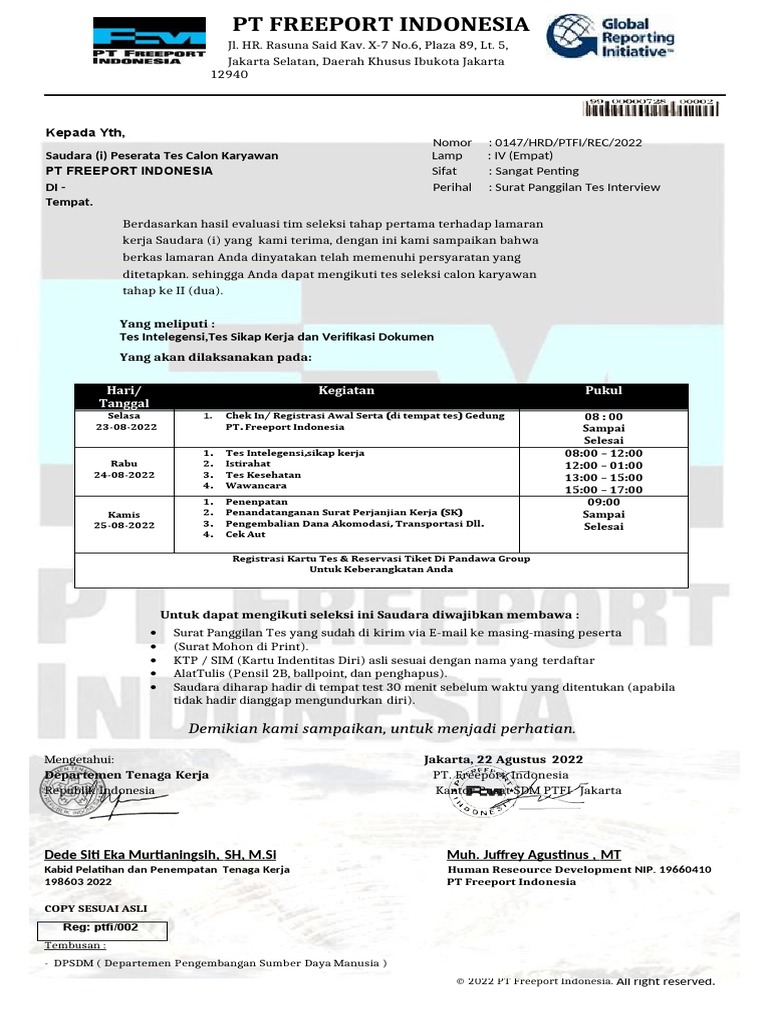 Surat Resmi PT. Freeport McMoRan Copper Gold Jakarta. | PDF