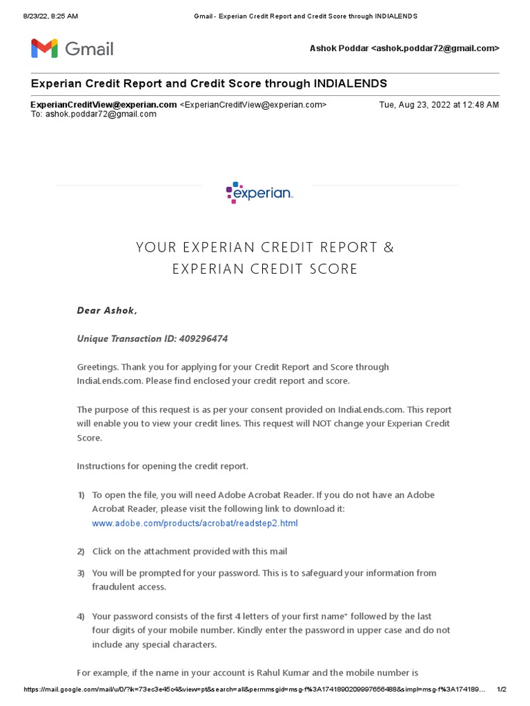 Gmail - Experian Credit Report and Credit Score Through INDIALENDS ...