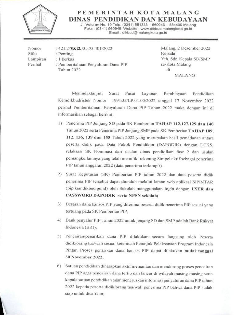 Penyaluran PIP SMP TAHAP 109, 112, 136, 139 Dan 155 Tahun 2022 | PDF