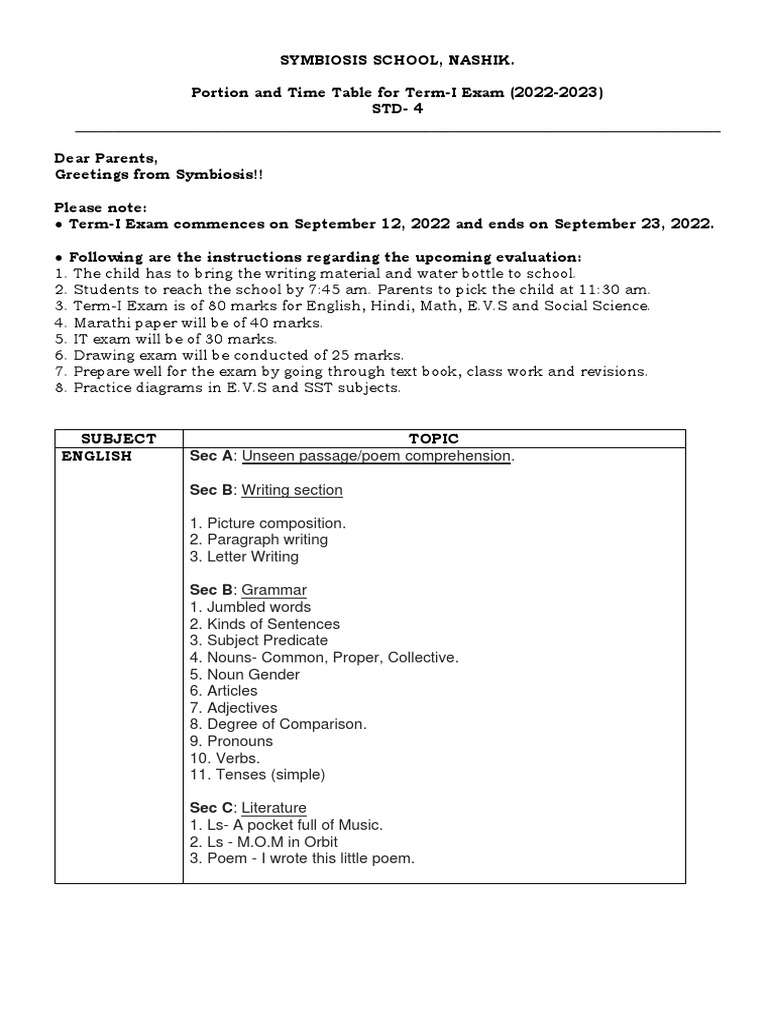 Std-4-Portion & Time Table of TERM-I Exam | Download Free PDF | Subject (Grammar) | English Language