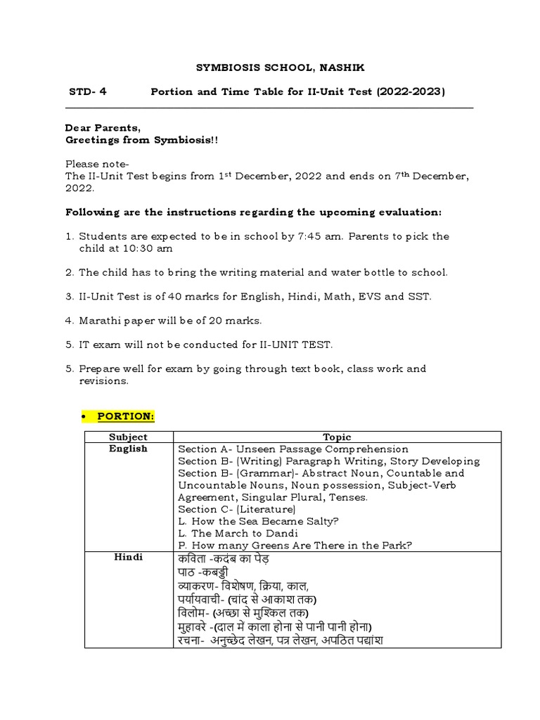 Std-4-II-Unit Test (Portion and Time Table) | PDF | Linguistic Typology ...