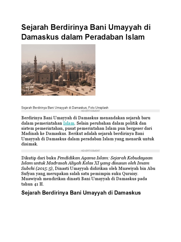 Sejarah Berdirinya Bani Umayyah Di Damaskus Dalam Peradaban Islam | PDF