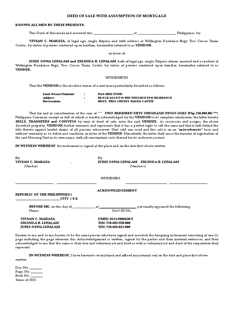 Deed of Sale with Assumption of Mortgage | PDF | Deed | Environmental Law