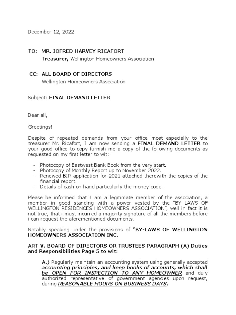 Wellington HOA Final Demand Letter Seeks Financial Docs | PDF | Board Of Directors | Government