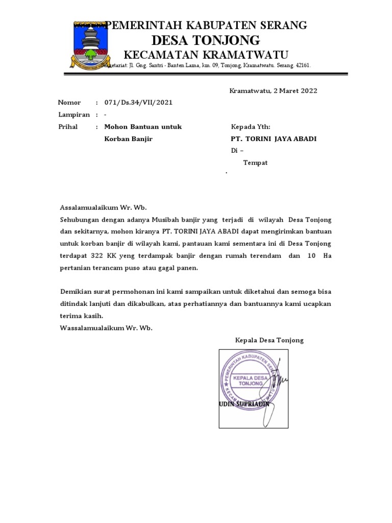 Surat Bantuan Korban Banjir Tonjong | PDF