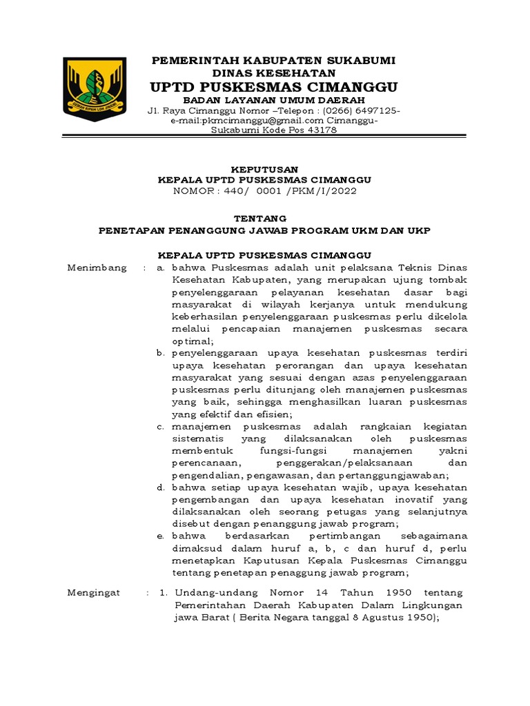 1.2.1.2 SK Kepala Puskesmas (PENETAPAN PENANGGUNG JAWAB PROGRAM UKM DAN UKP) PKM Cimanggu 2022 ...