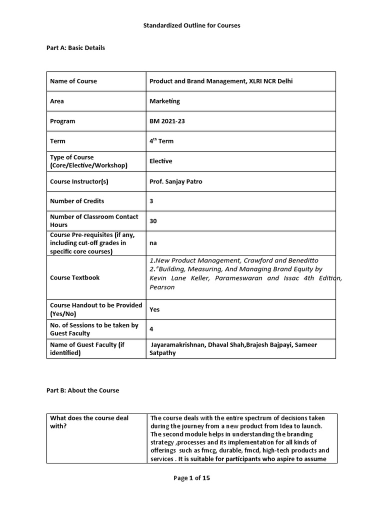 Xlri Delhi PBM BM 2021 23 Aol Xlri Course Outline Format | PDF | Brand ...