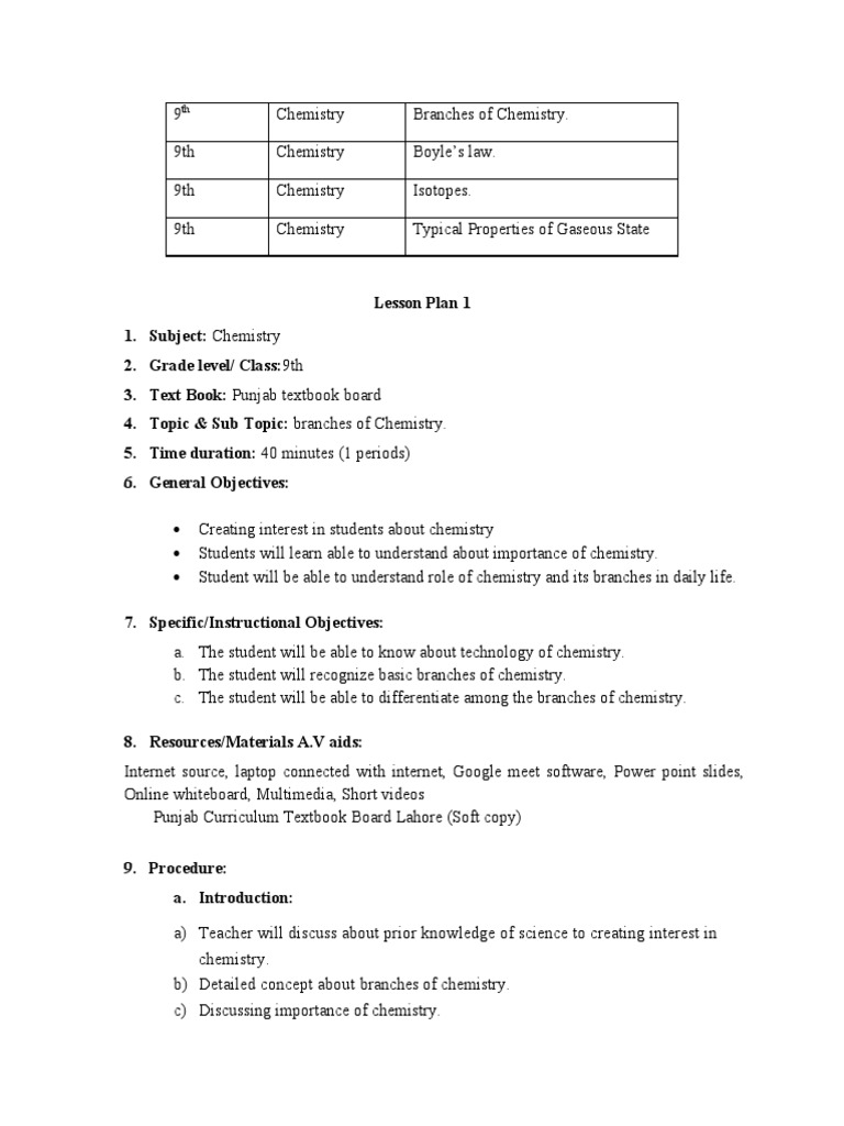 9th Chemistry Lesson Plans Cover Branches, Laws, Isotopes | PDF ...
