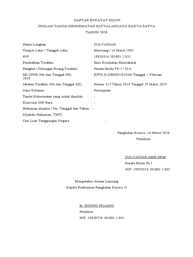 Satya Lencana Daftar Riwayat Hidup | PDF