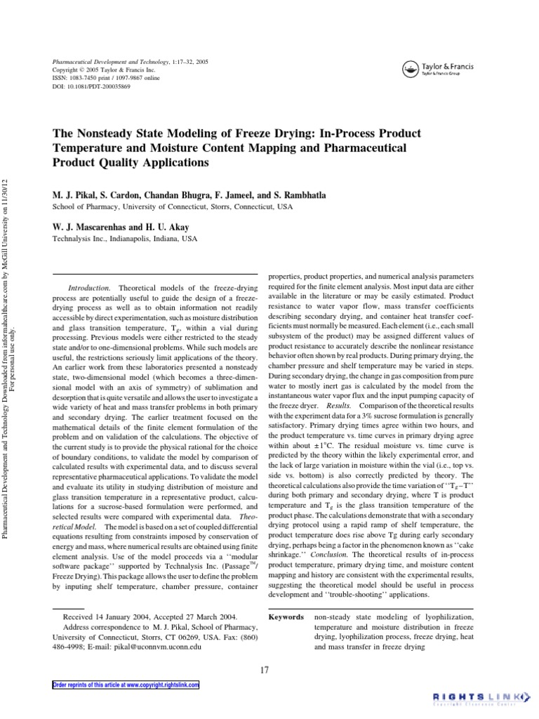 The Nonsteady State Modeling of Freeze Drying | PDF | Freeze Drying | Heat Transfer