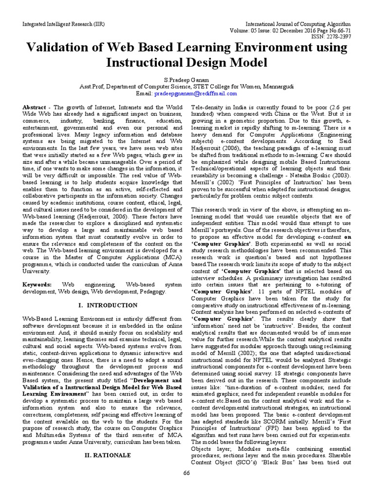 Validation Of Web Based Learning Environment Using Instructional Design Model Pdf