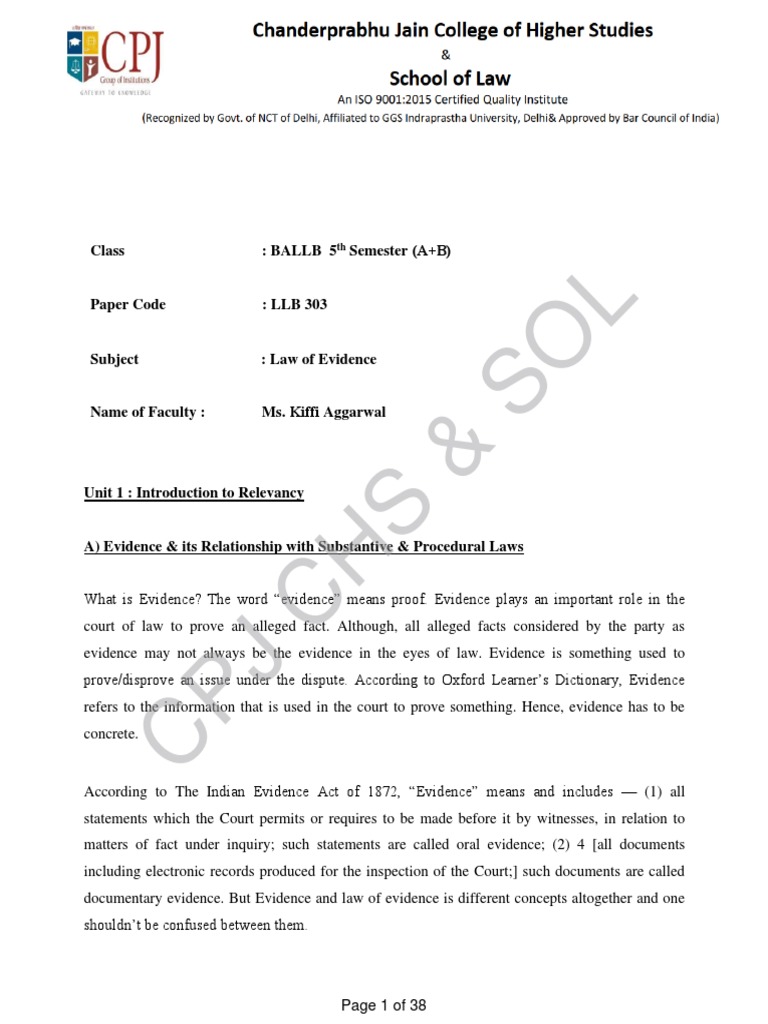 Notes - Law of Evidence - Unit - 1 | PDF | Evidence (Law) | Witness