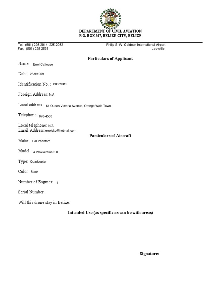 Belize Drone Registration Form | PDF