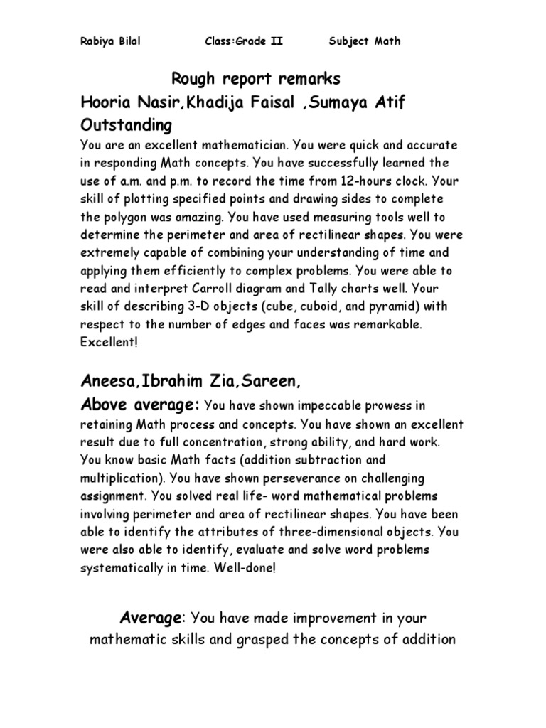 Mathematics Report Card Remarks Term 2 | PDF | Mathematics | Shape