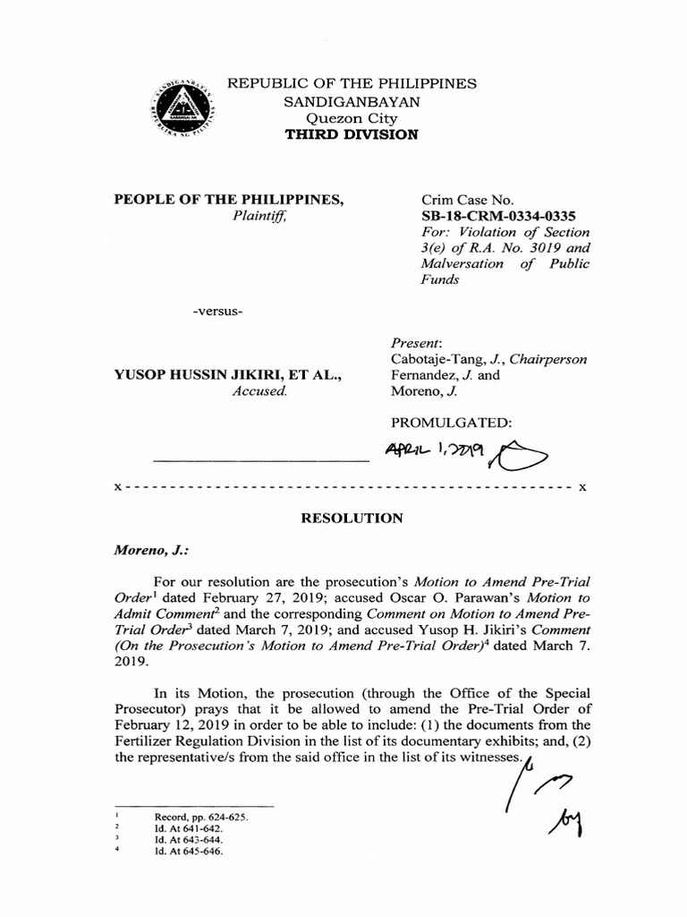 Motion to Amend Pre-Trial Order Granted | PDF | Trials | Prosecutor