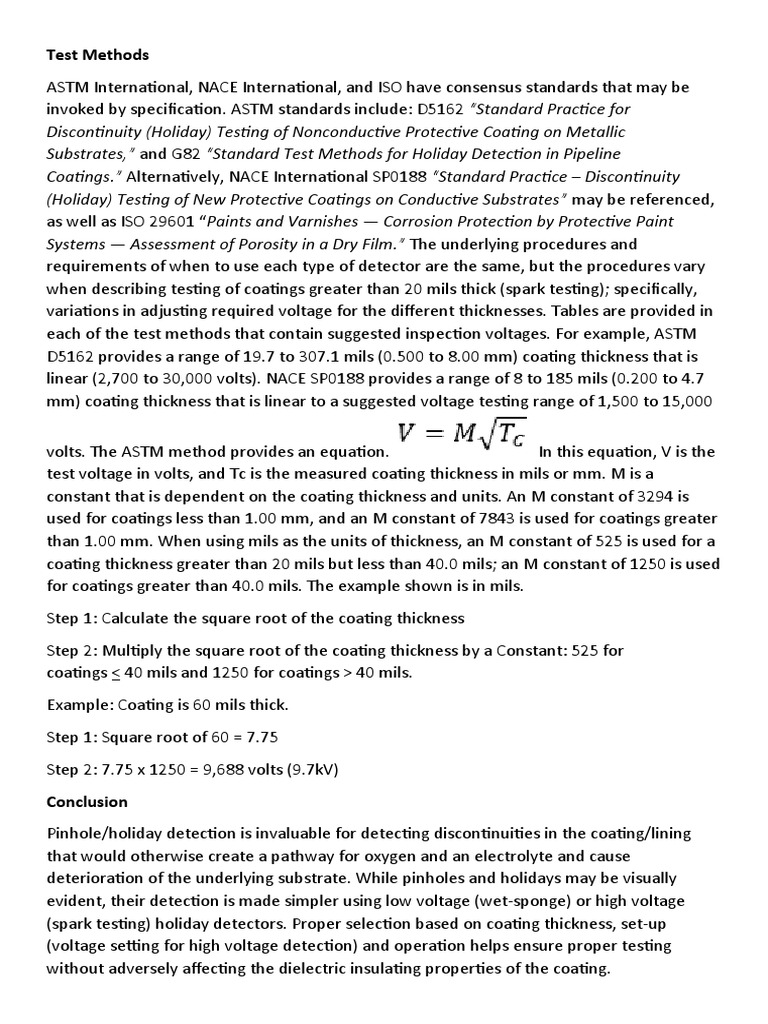 Test Methods Holiday Test | Download Free PDF | Coating | High Voltage