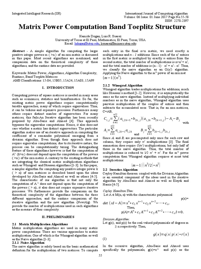 Matrix Power Computationband Toeplitz Structure Pdf Matrix Mathematics Eigenvalues And