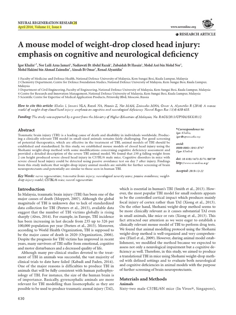 A Mouse Model of Weight Drop Closed Head Injury .28 | PDF | Traumatic ...